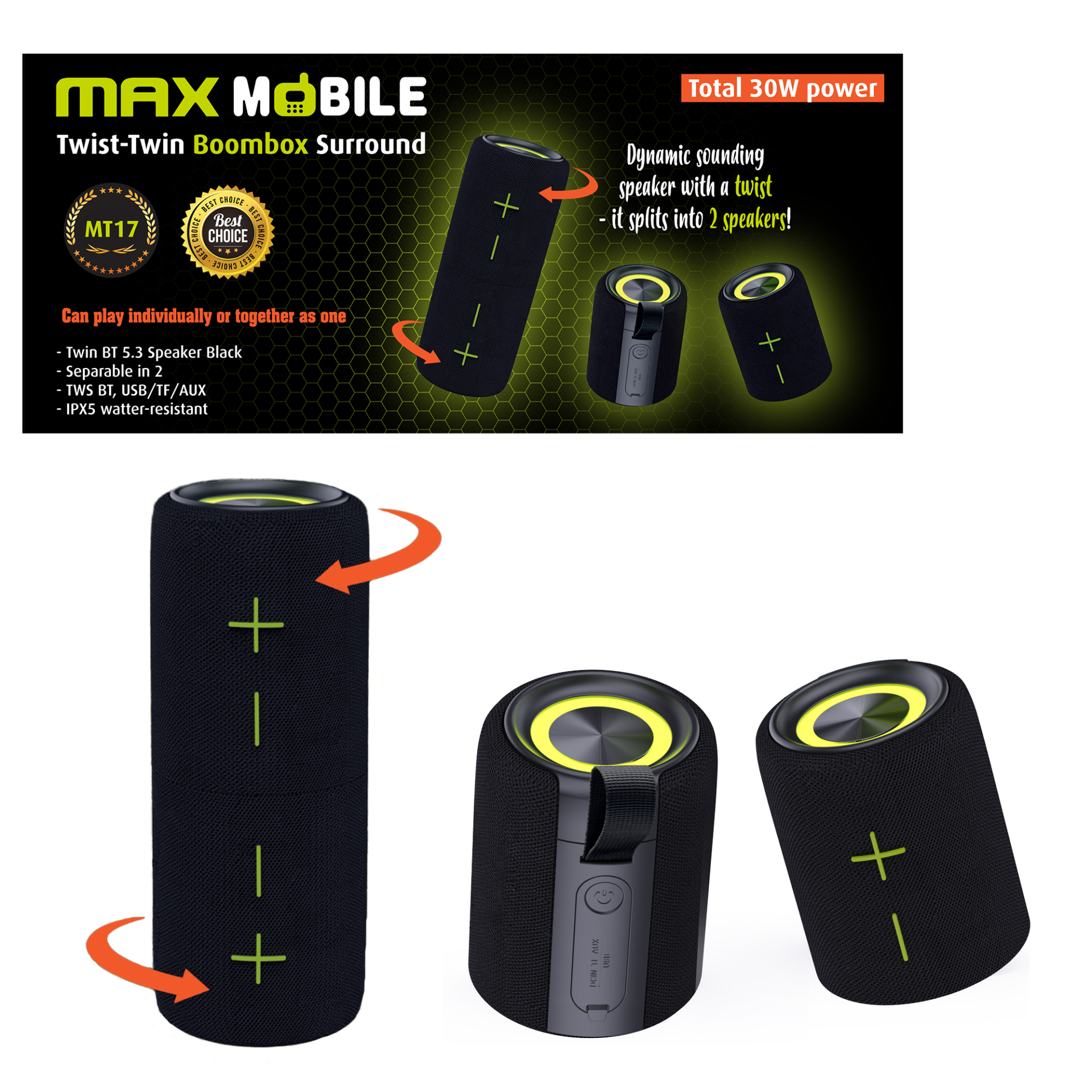 MAXMOBILE ZVUČNIK BLUETOOTH TWIST-TWIN BOOMBOX MT17 TWS – Signal tehnika